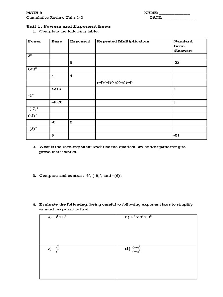 Math 9 Cumulative Review: Exponents | PDF | Elementary Mathematics ...