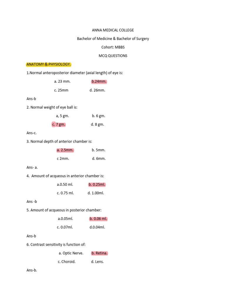 MBBS Anatomy & Physiology MCQs | PDF | Cornea | Retina