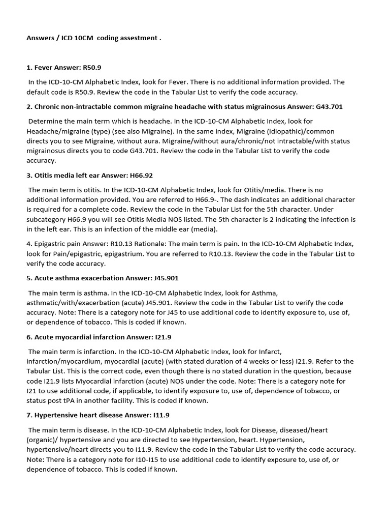 Practice Answers ICD 10-CM Coding Assestment (20) Diagnosis Code | PDF ...