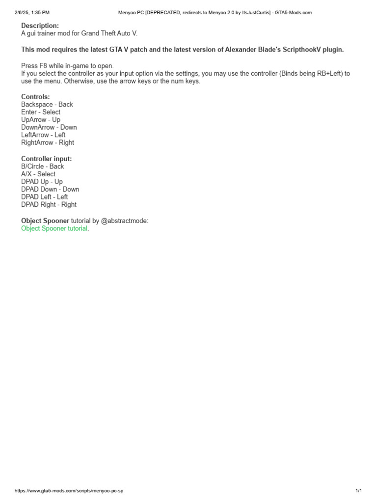 Menyoo PC (DEPRECATED, Redirects To Menyoo 2.0 by ItsJustCurtis) | PDF