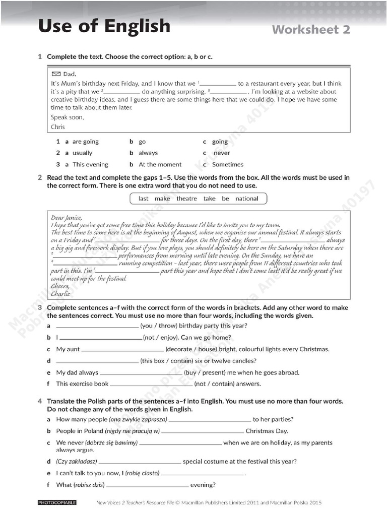 New_Voices_2_TRF_Unit_2_Use_of_English_worksheet | PDF