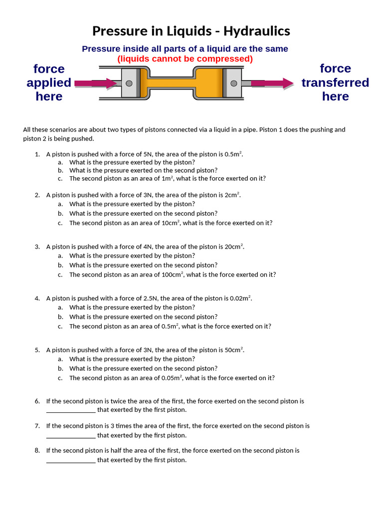 Pressure in Liquids Hydraulics - Questions Only (1) | PDF | Force ...