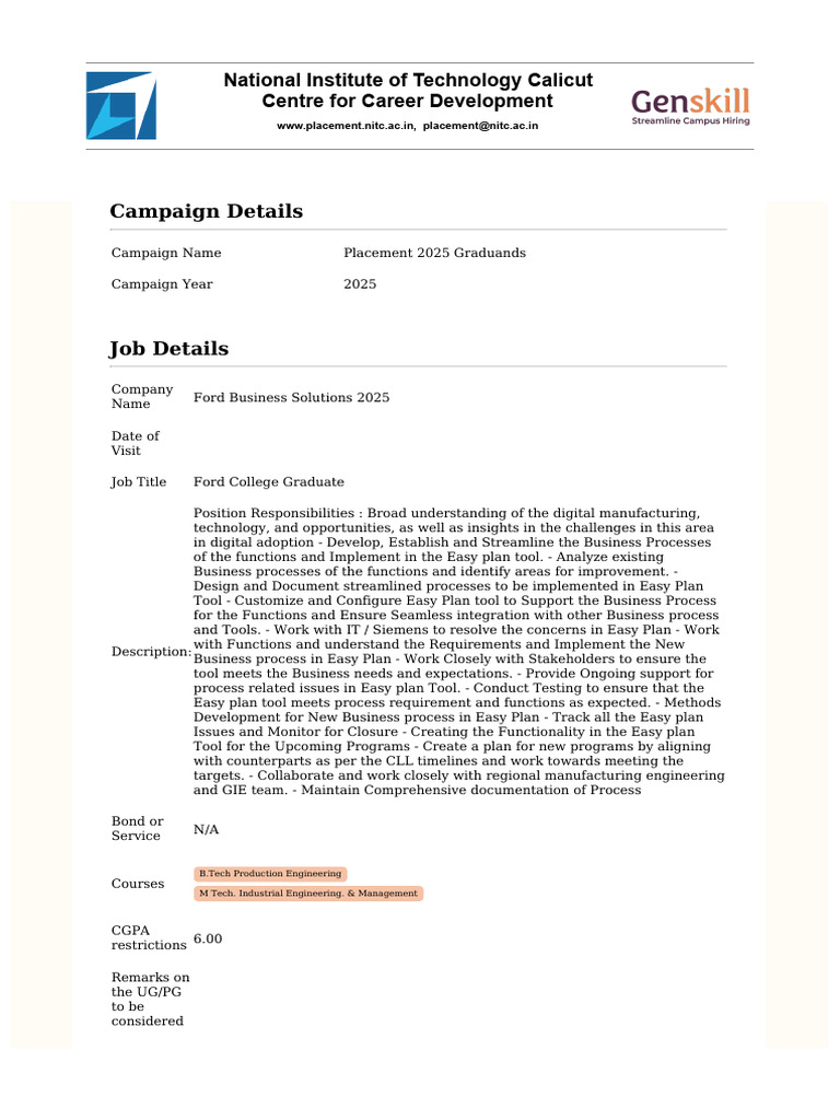 Ford Graduate Position for 2025 | PDF | Business