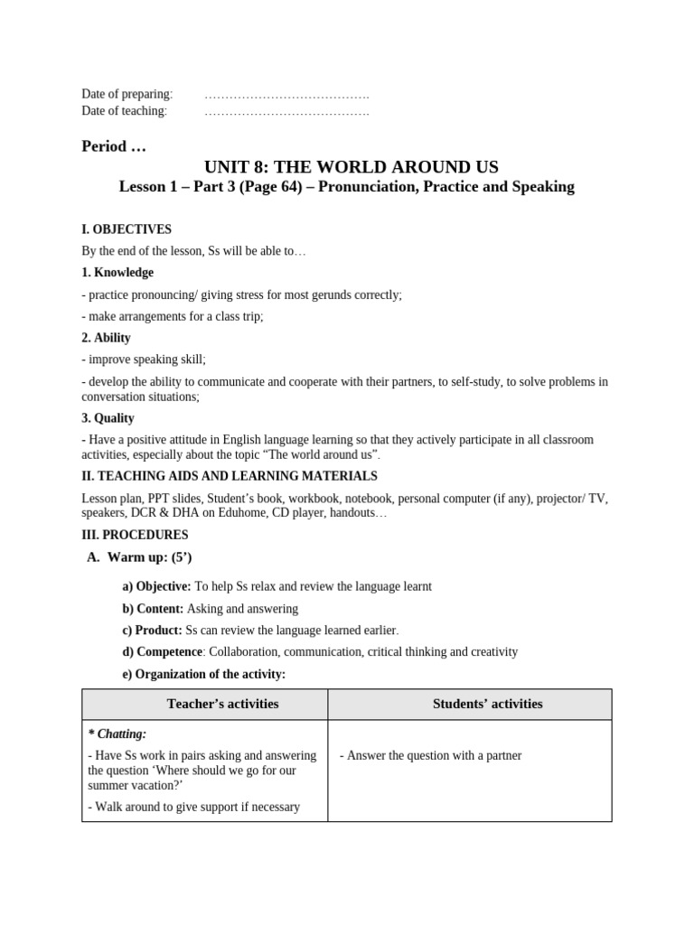UNIT 8 - LESSON 1 - PART 3 - Pronunciation - Practice - Speaking1 | PDF ...