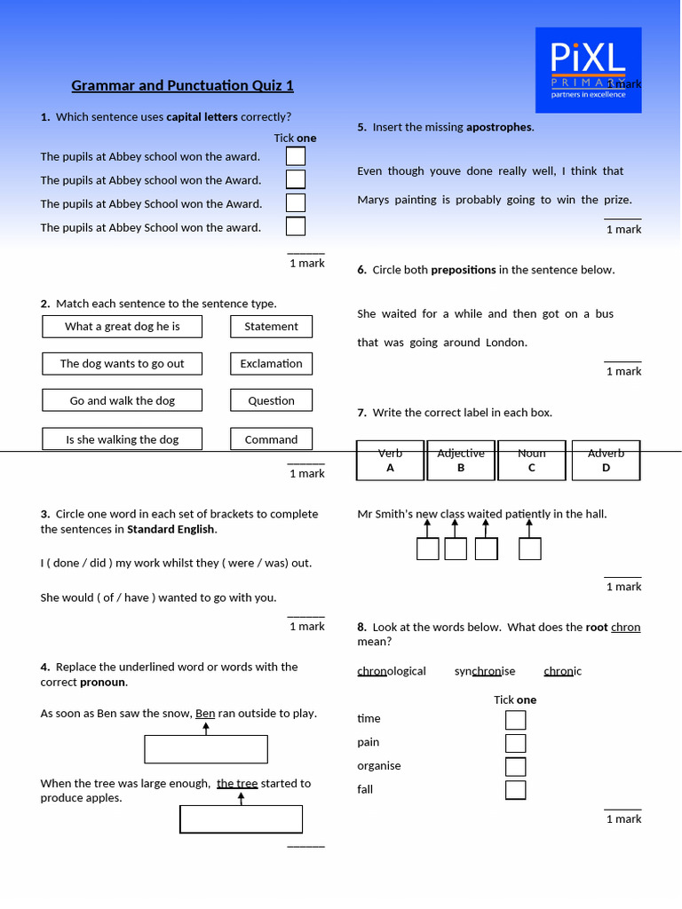 Grammar and Punctuation Quiz 1 | PDF | Adverb | Verb