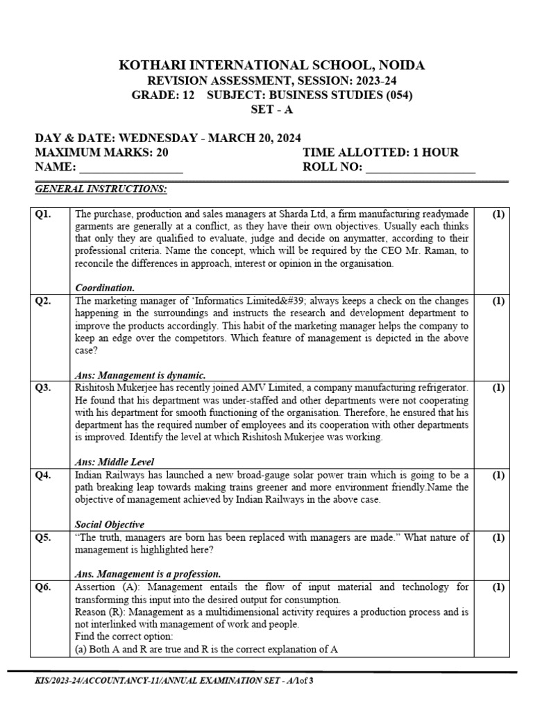 BST - Class Test CH - 1 - Set A - Marking Scheme | PDF | Business ...