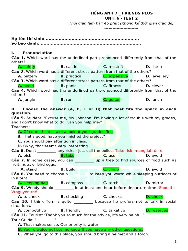 Duy Long Unit 6 Test 2 Pdf Insects