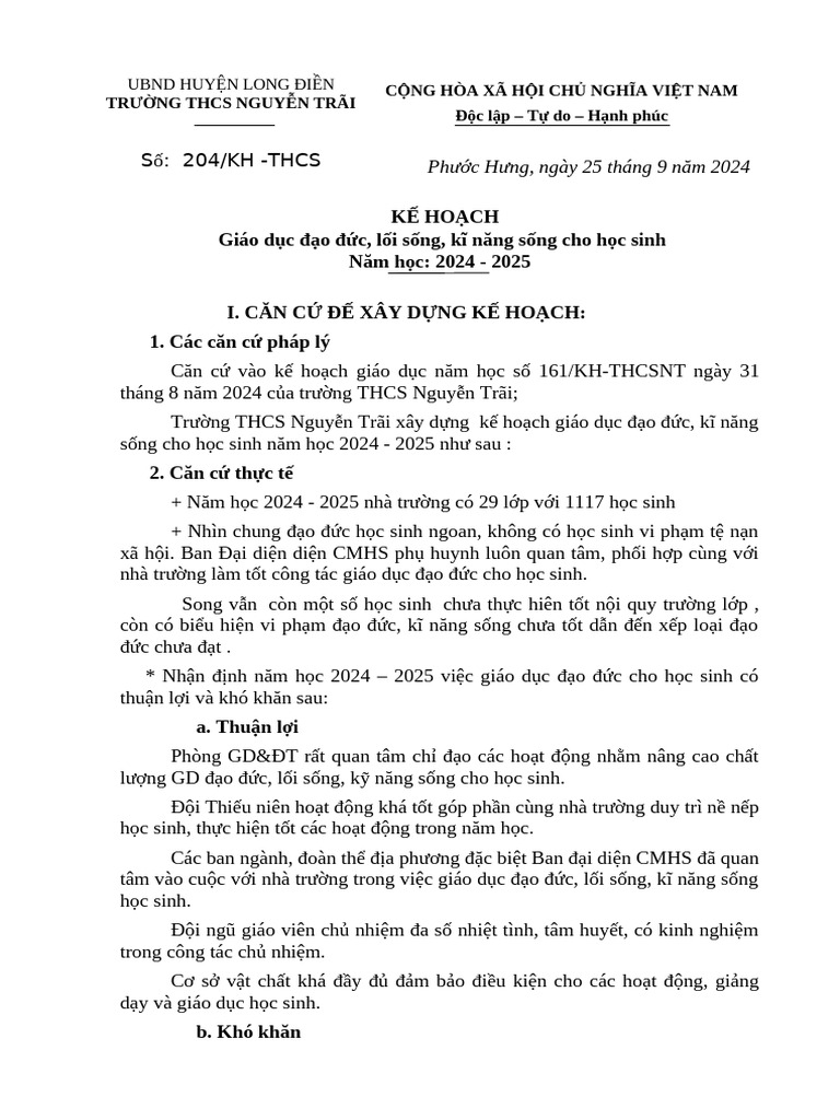 NT Ke Hoach GD Dao Duc Ky Nang Songcho HS c1250 | PDF