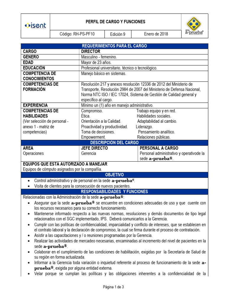 RH-PS-PF10 Ed 9 DIRECTOR | PDF | Sistema de manejo de calidad | Business