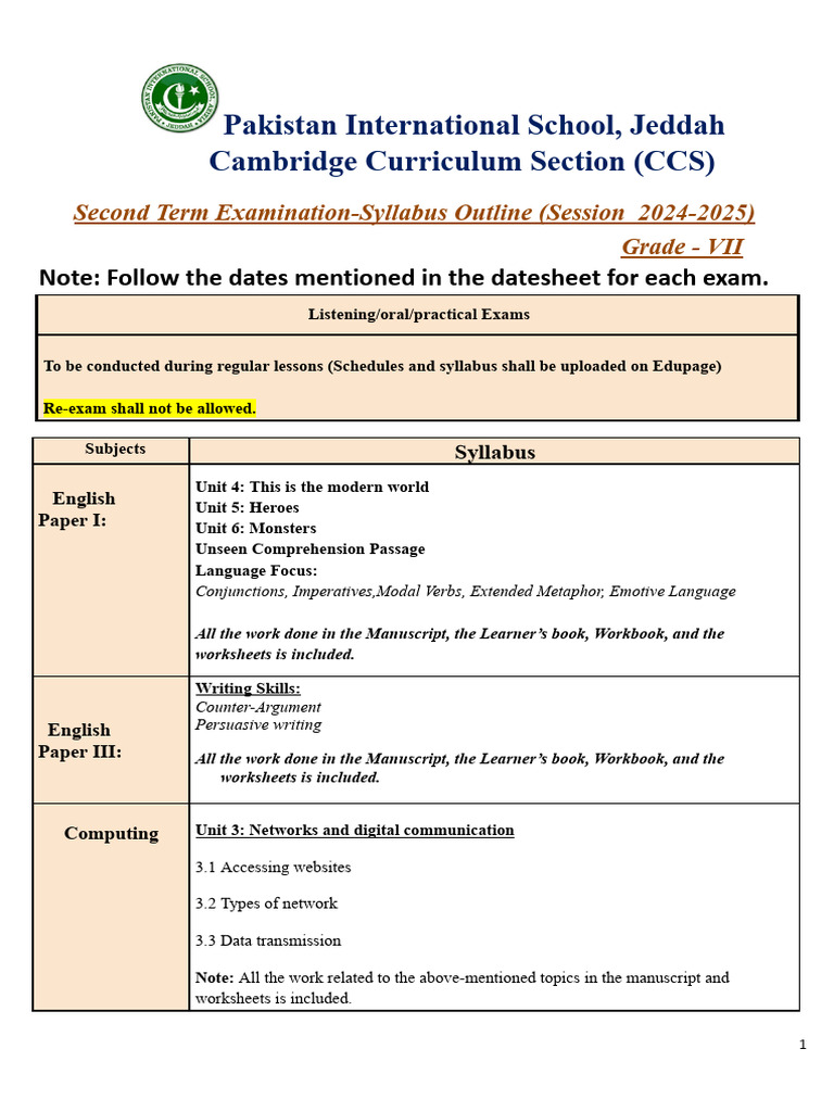 Grade 7- 2nd Term Exams Syllabus Outline 2024-25-1 | PDF | Hadith