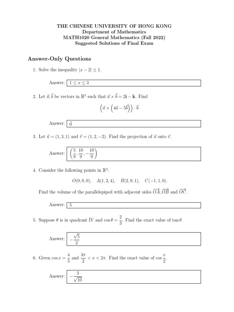 MATH1020 Final Exam Solutions | PDF | Algebra | Mathematical Analysis