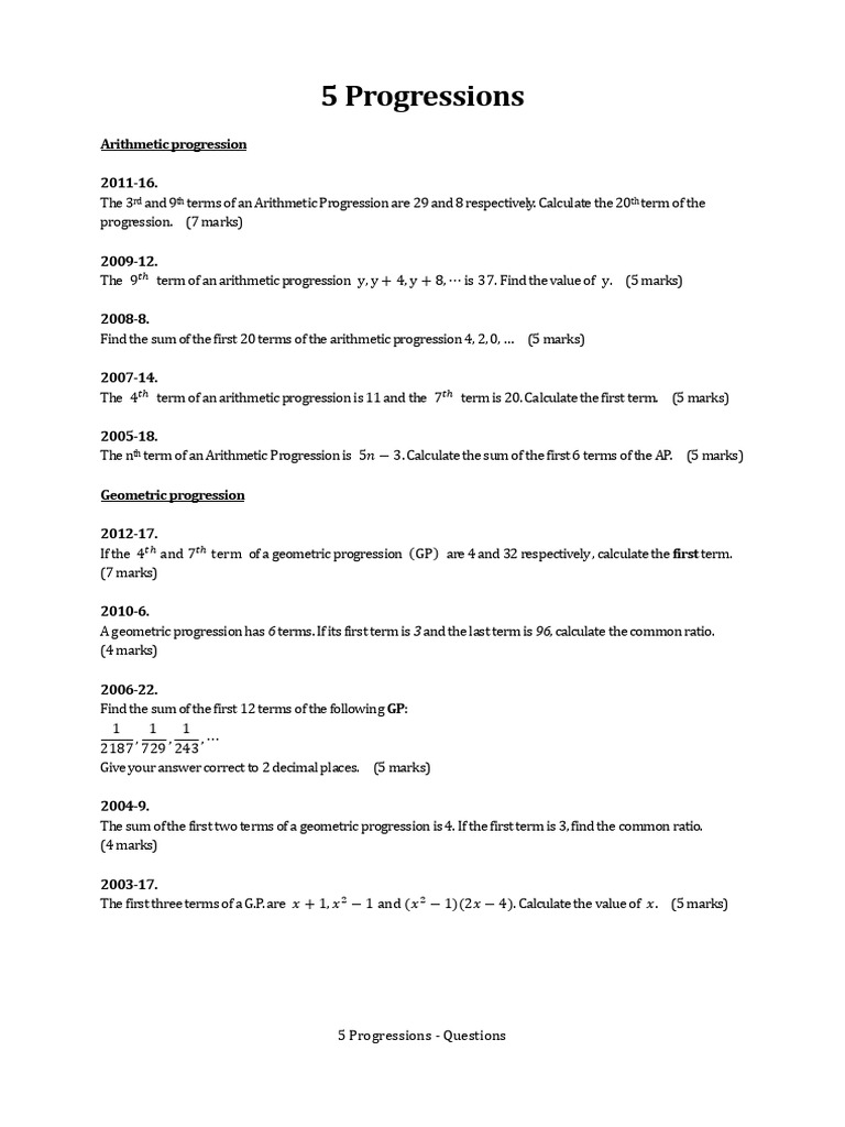 MSCE MATH I 05 Progressions | PDF