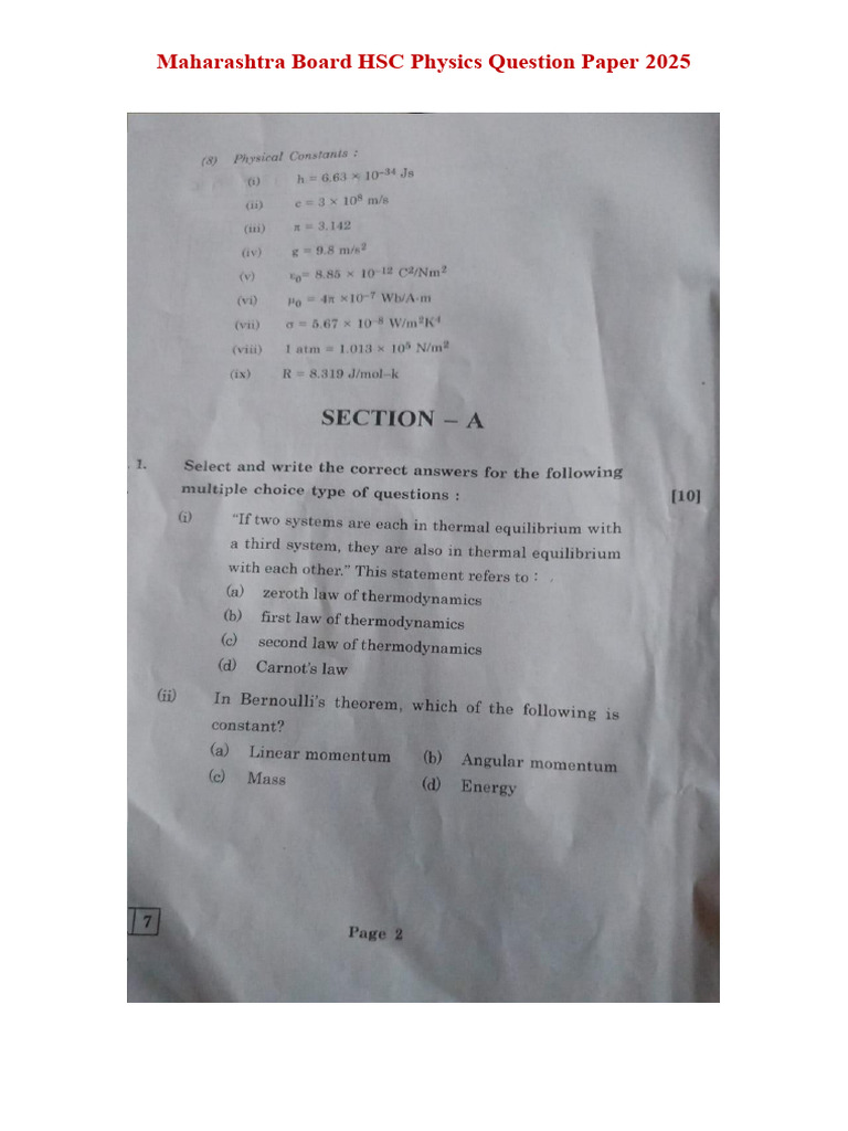 Maharashtra Board HSC Physics Question Paper 2025 | PDF
