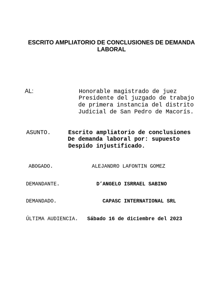 Escrito Ampliatorio Alejandro Lafontaine | PDF | República Dominicana | Demanda judicial