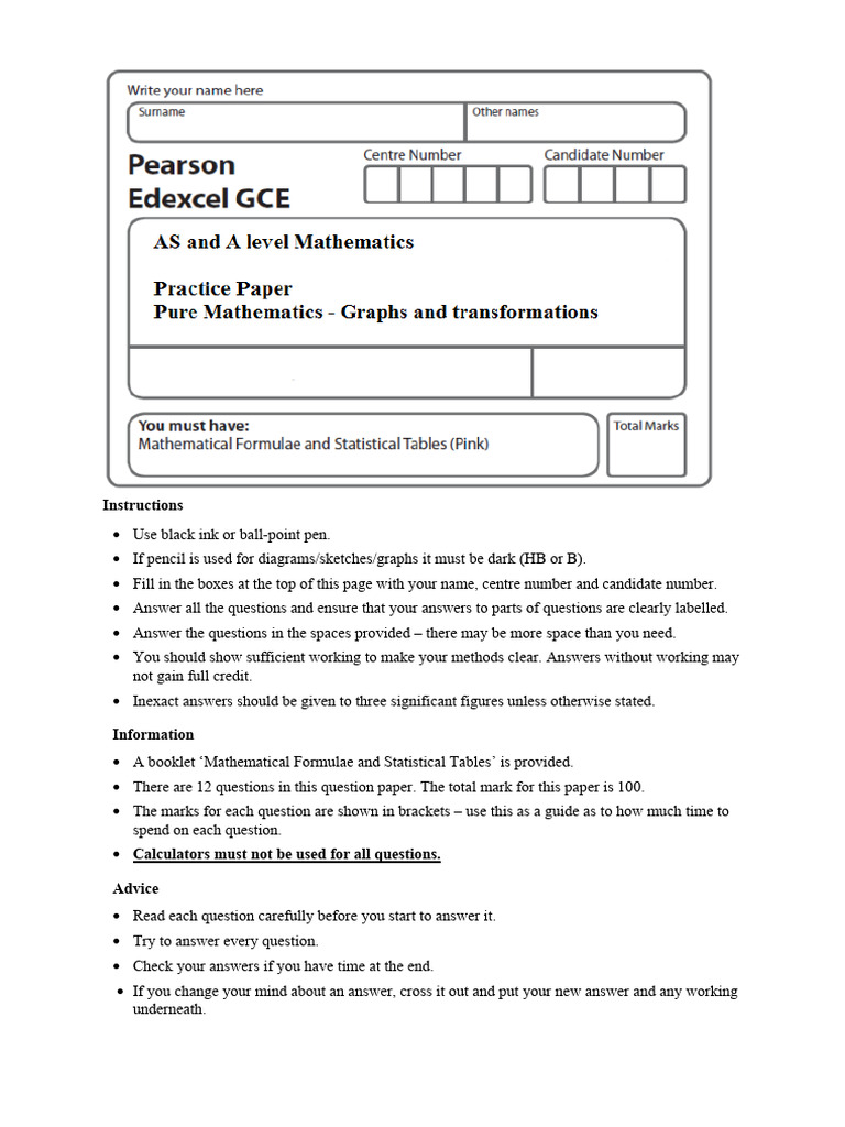 As Mathematics Practice Paper Graphs And Transformations Pdf