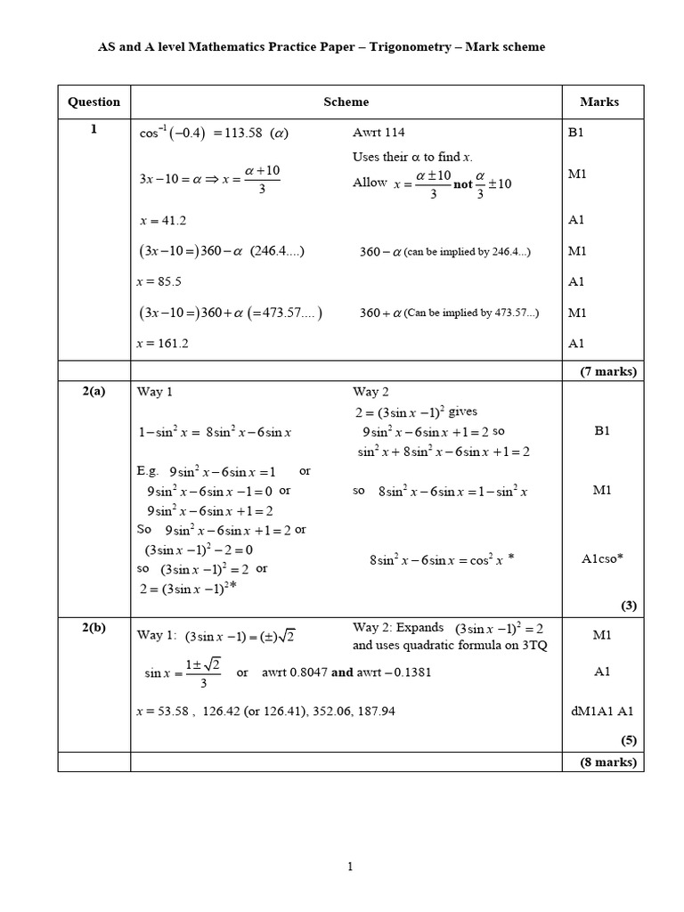 AS Mathematics - Practice Paper - Trigonometry MS | PDF | Special Functions | Mathematics