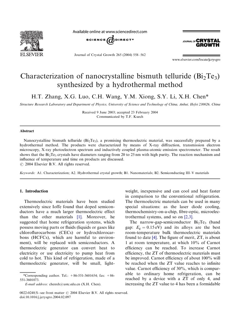 Hydrothermal Synthesis of Bi2Te3 Nanocrystals | PDF | X Ray ...