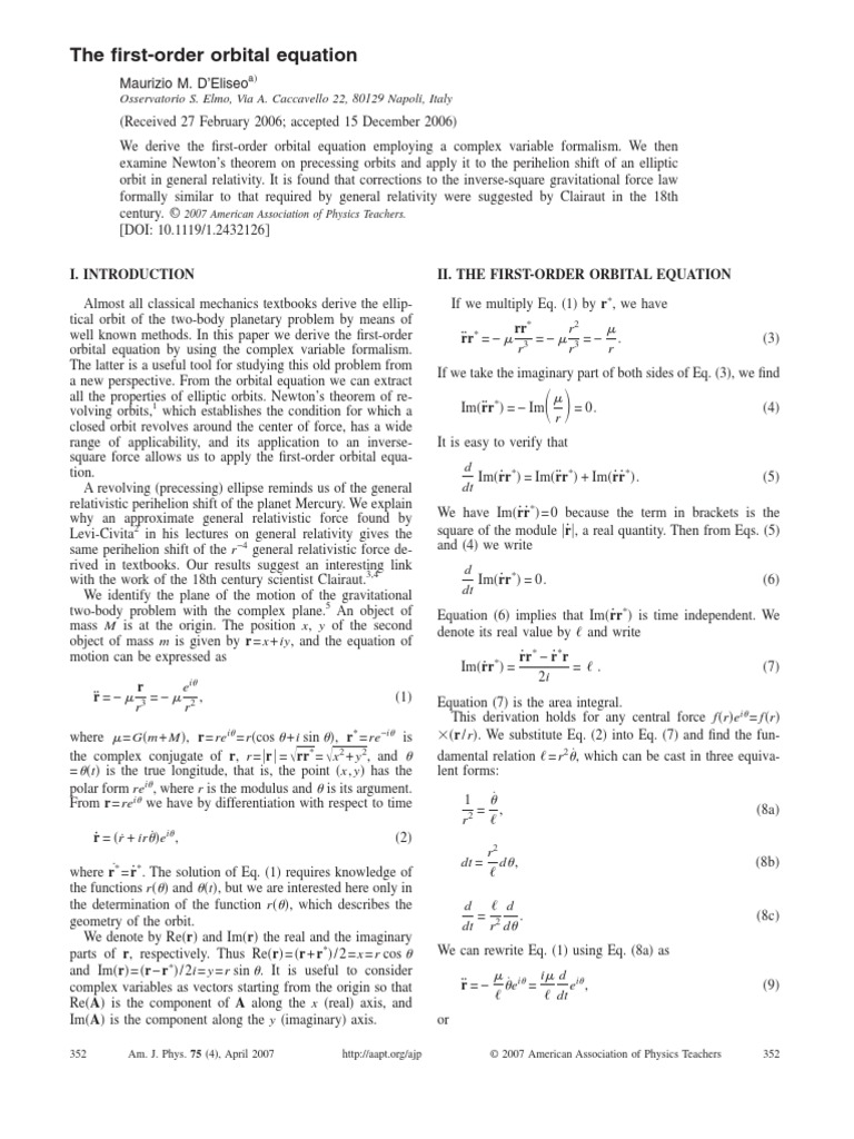 The First-Order Orbital Equation | PDF | Orbit | General Relativity