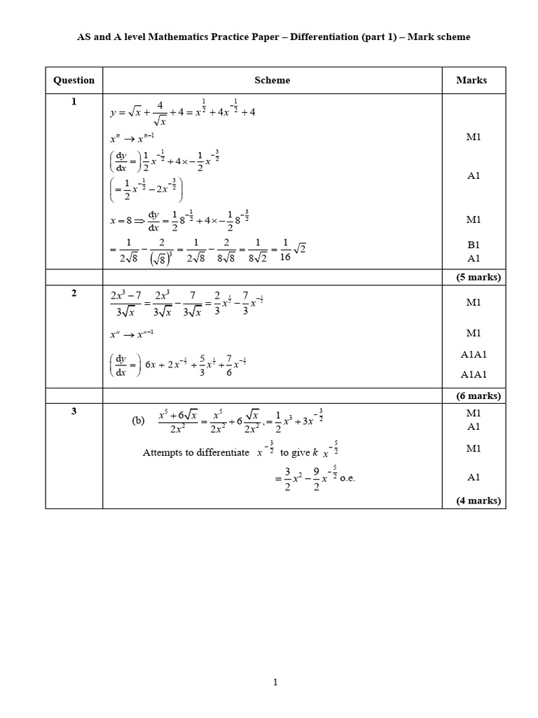 AS Mathematics _ Practice Paper _ Differentiation (part 1) MS | PDF | Mathematics | Mathematical ...