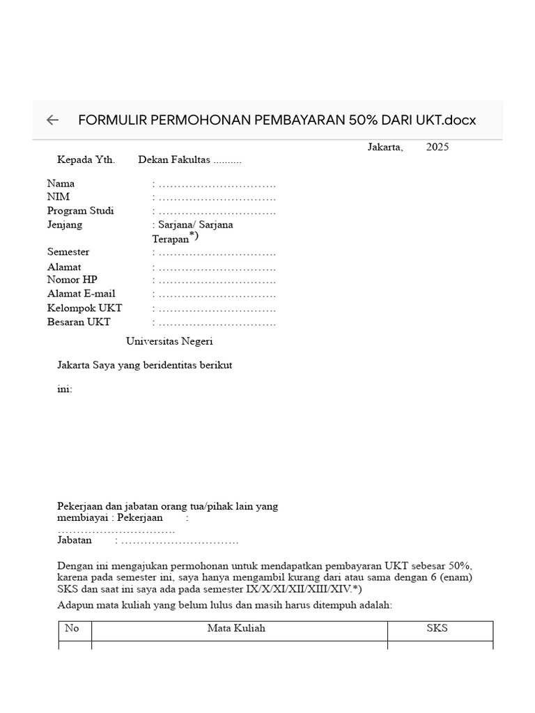 FORMULIR PERMOHONAN PEMBAYARAN 50% DARI UKT.docx | PDF