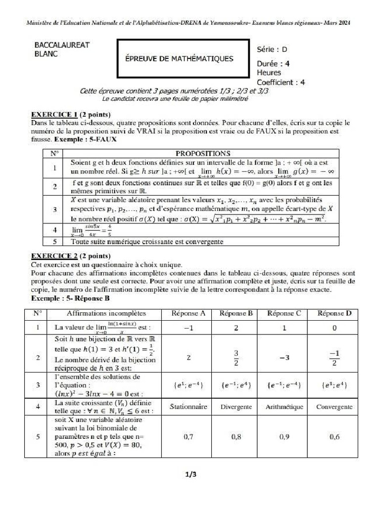 Bac Blanc 2024 Mathematiques Serie D Regional de Yamoussoukro Mars 2024 | PDF