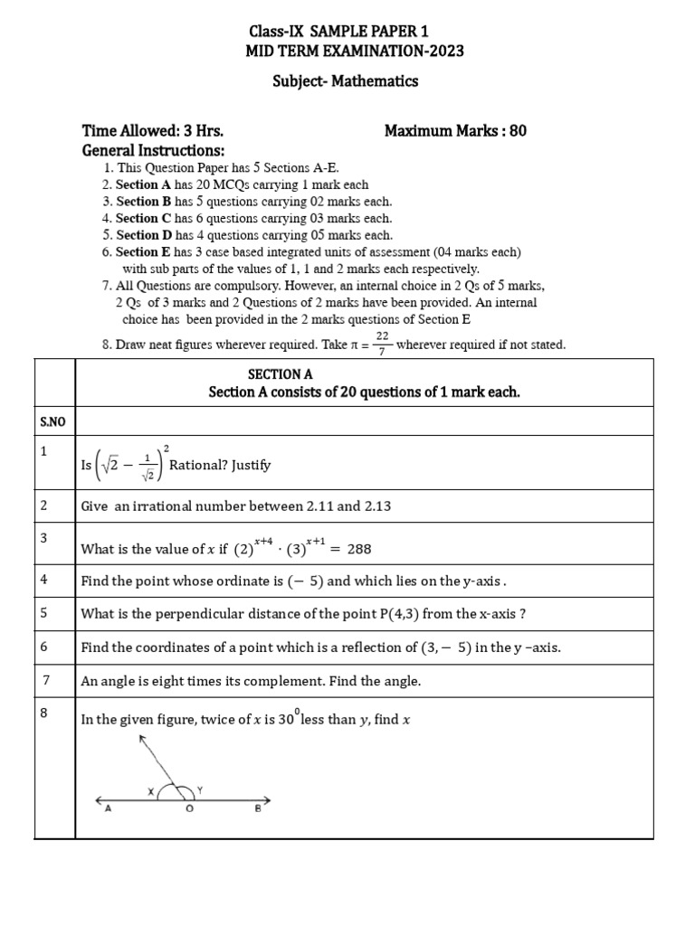 9th-SAMPLE-PAPER-1-MID-TERM_2023 (2) | PDF | Triangle | Area