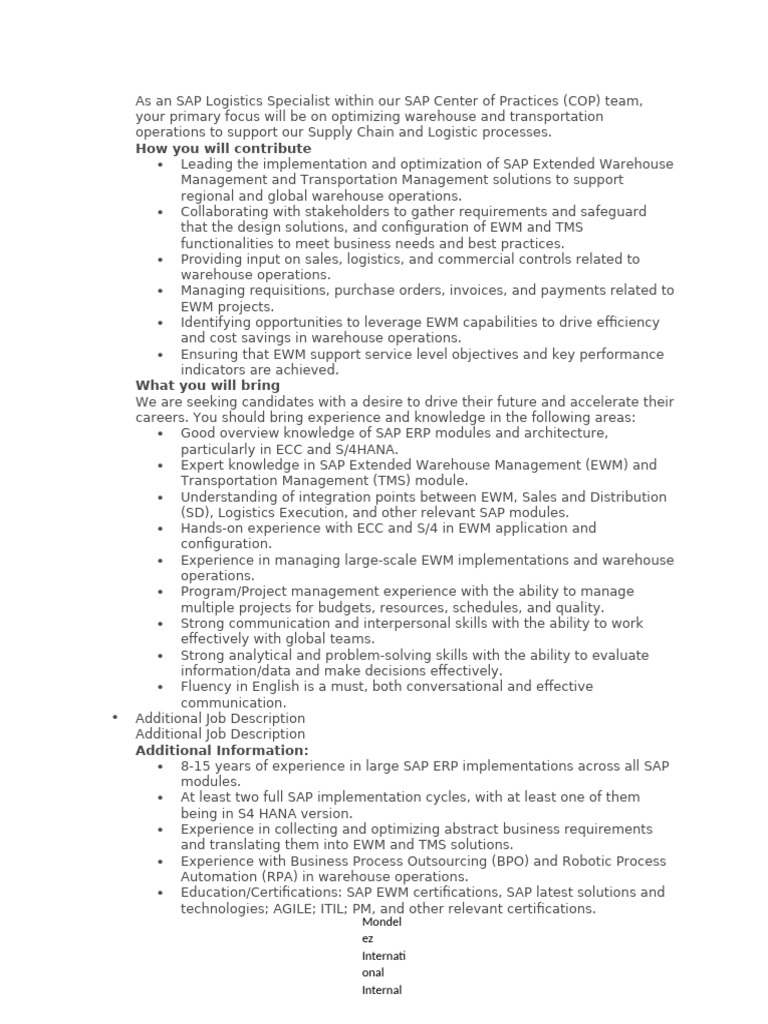 SAP COP SR Functional EWM or TMS Expert | PDF | Logistics | Business