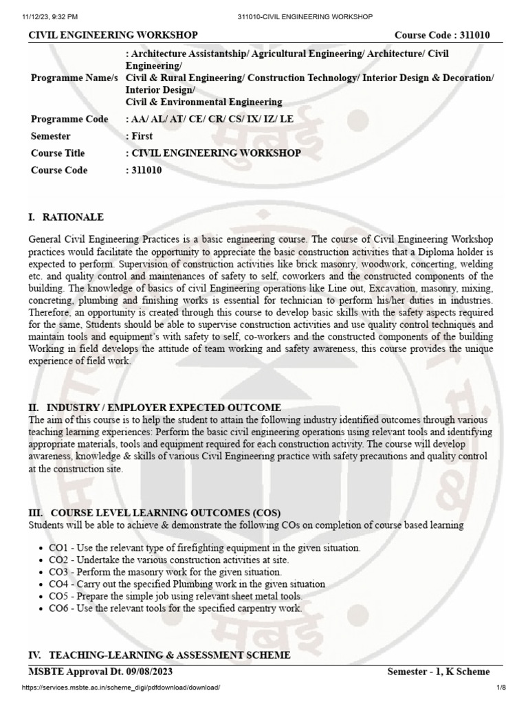 CIVIL ENGINEERING WORKSHOP - CEW - Msbtepdf | PDF | Sheet Metal | Pipe (Fluid Conveyance)