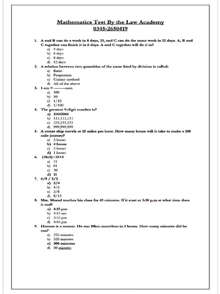 Law Academy Mathematics Test Questions | PDF