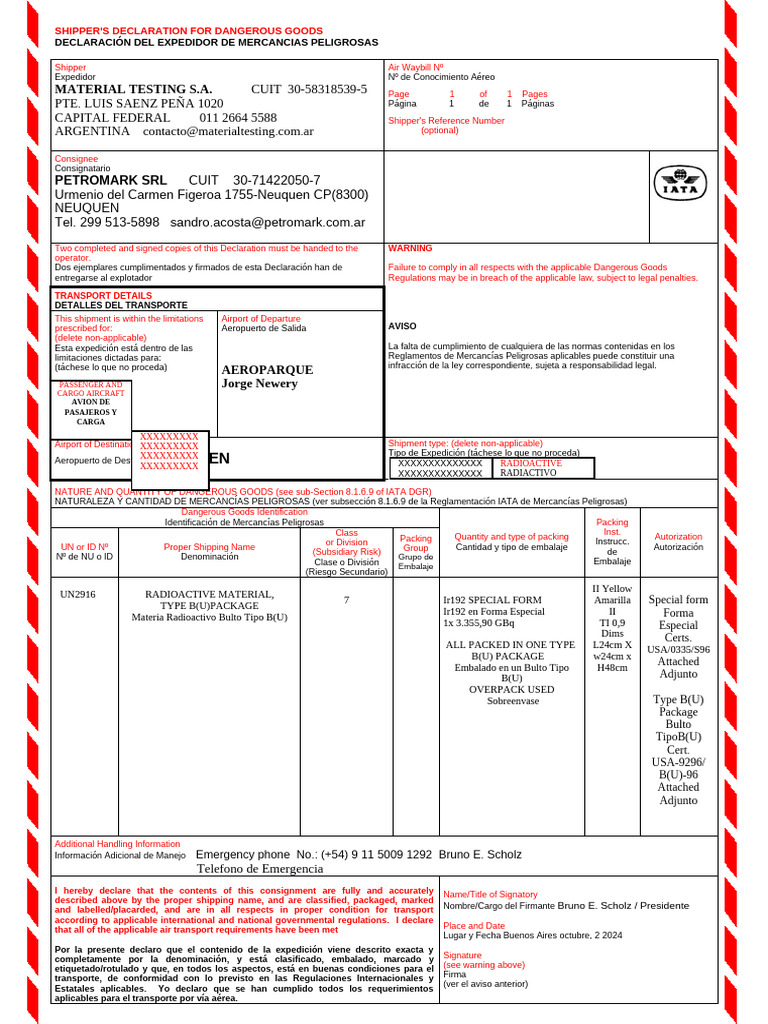 Shipper S Declaration For Dangerous Goods ESPAÑOL Petromark Neuquen | PDF