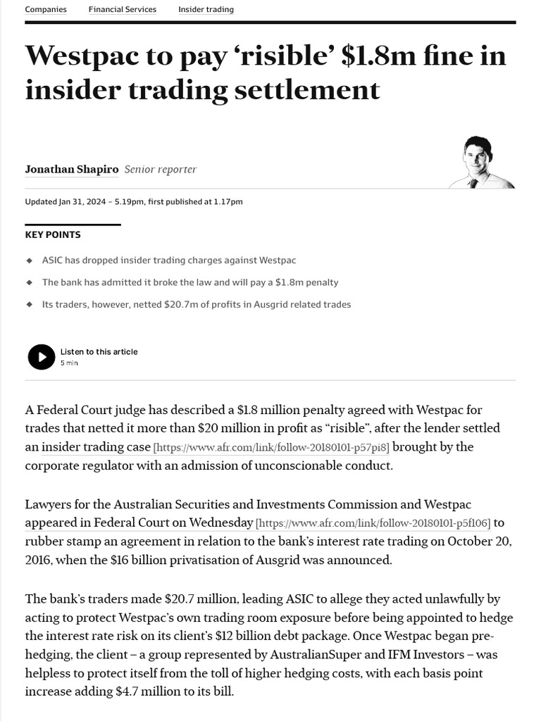 ASX WBC - Westpac To Pay Risible' $1.8m Fine in Insider Trading ...