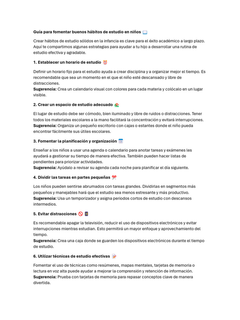 Guía para Fomentar Buenos Hábitos de Estudio en Niños | PDF ...