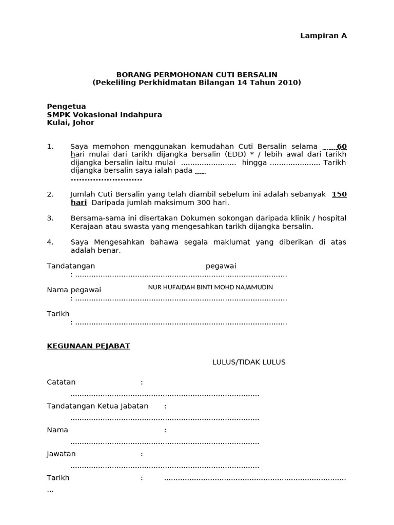 Cuti Bersalin - Lampiran A 2020 | PDF