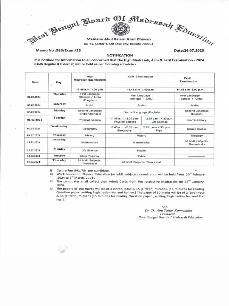 Exam Routine For The High Madrasah Examination 2024 | PDF