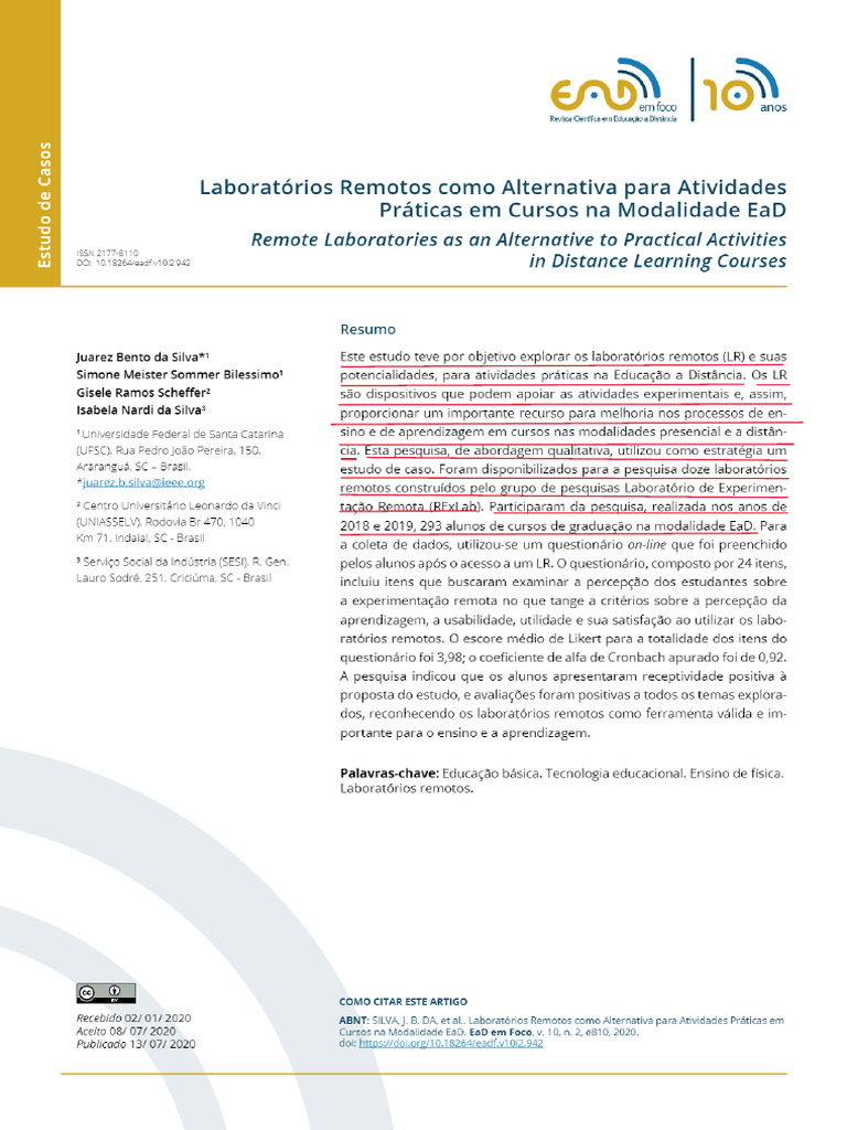 (Juarez Bento, Simone Meister Et Al., 2020) Laboratórios Remotos Como ...