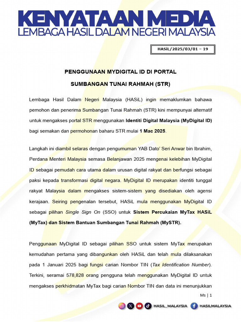 Kenyataan Media Hasil Penggunaan Mydigital Id Di Portal STR | PDF