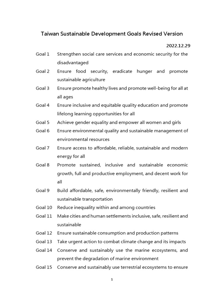 Taiwan's Revised Sustainable Development Goals | PDF | Sustainability ...