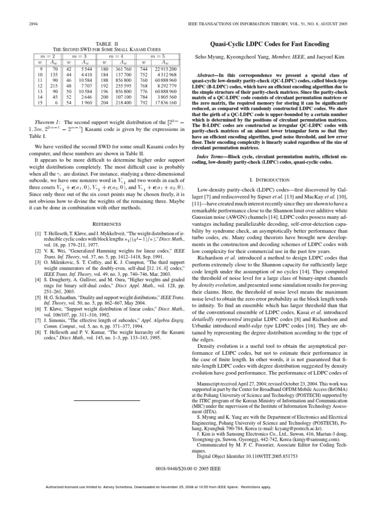 Quasi-Cyclic LDPC Codes For Fast Encoding | PDF | Low Density Parity ...