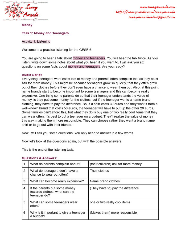 GESE 6 Money Money and Teenagers | PDF