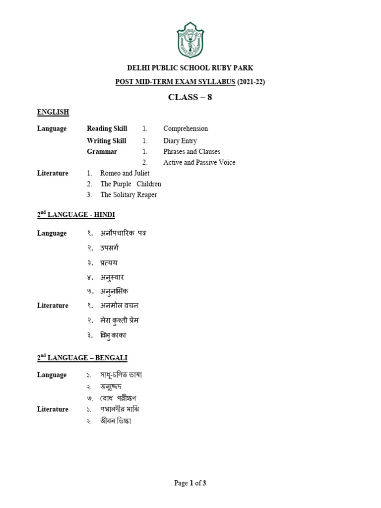 CL 8 - Post Mid Term Exam Syllabus | PDF