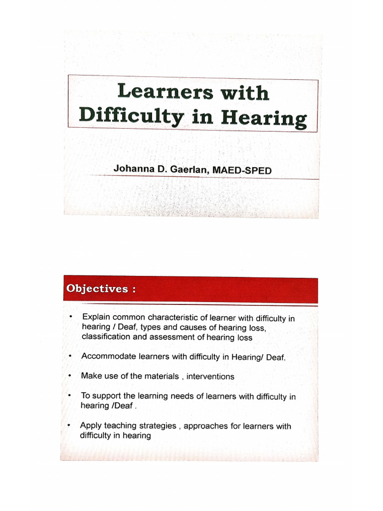 Learners With Difficulty in Hearing ( Part 1) | PDF