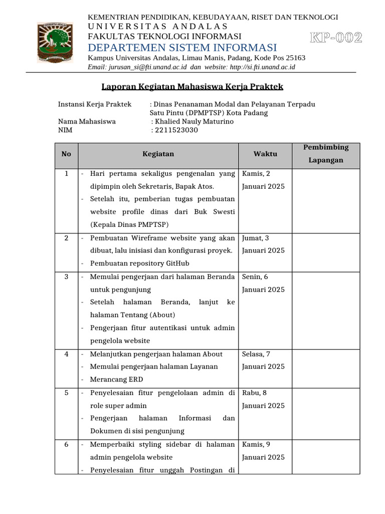 Khalied - Laporan Kegiatan Mahasiswa KP (KP-002) | PDF