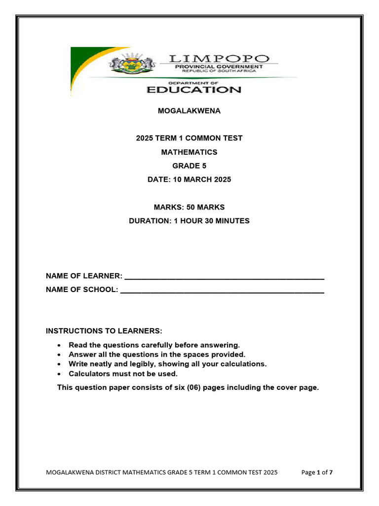 Maths Test Grade 5 Term 1 2025 | PDF | Multiple Choice | Numbers