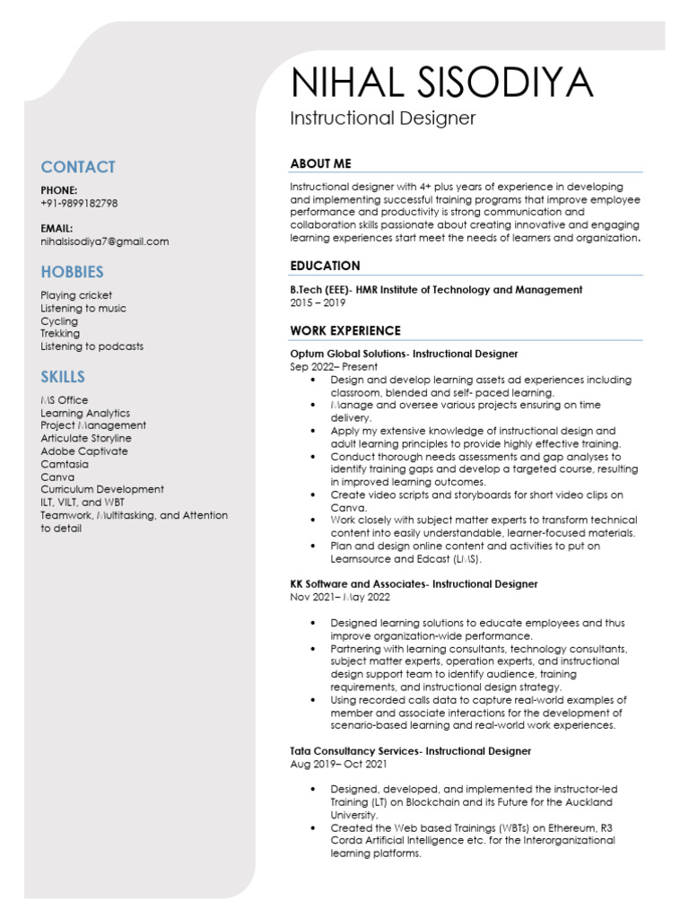 Nihal Sisodiya Resume ID | PDF | Instructional Design | Educational Technology