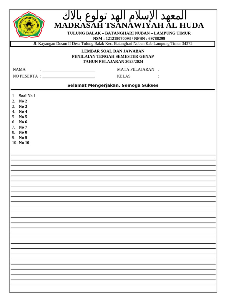 Form Soal PTS Genap 2023-2024 | PDF