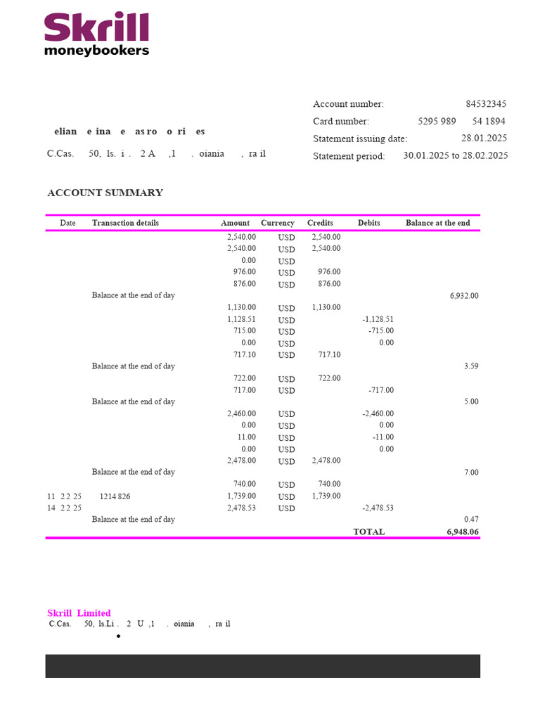 Skrill Account Summary Statement | PDF | Visa Inc. | Debt