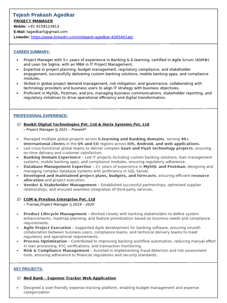 Tejesh Agedkar Resume 2025 | PDF | Agile Software Development | Project Management