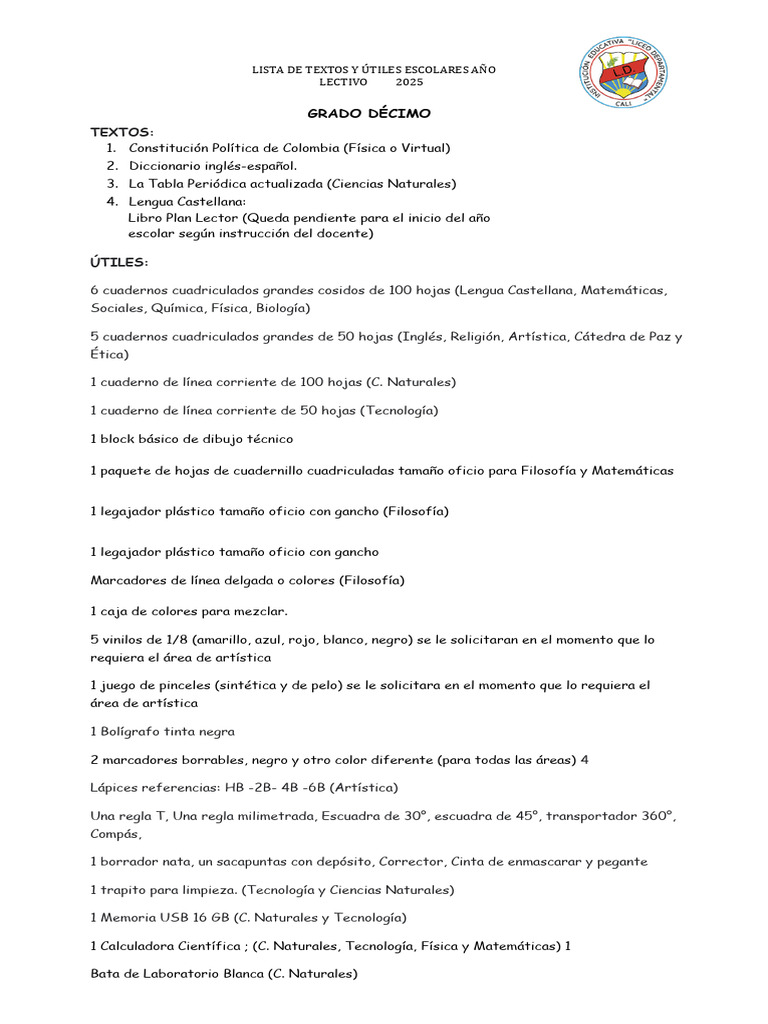 2025 Décimo Lista de Útiles Liceo Departamental | PDF