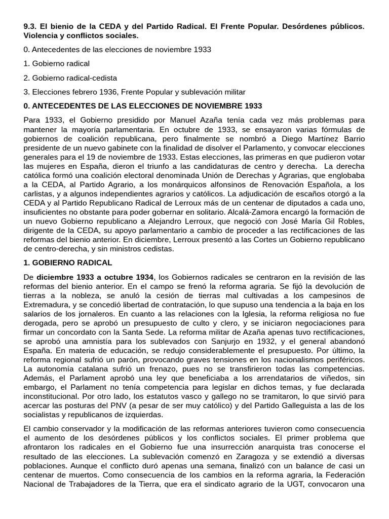 CEDA, Radicales y Frente Popular en 1933-36 | PDF | Gobierno de españa ...