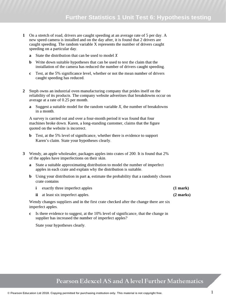 Further%20Statistics%201%20Unit%20Test%206%20Hypothesis%20testing | PDF ...